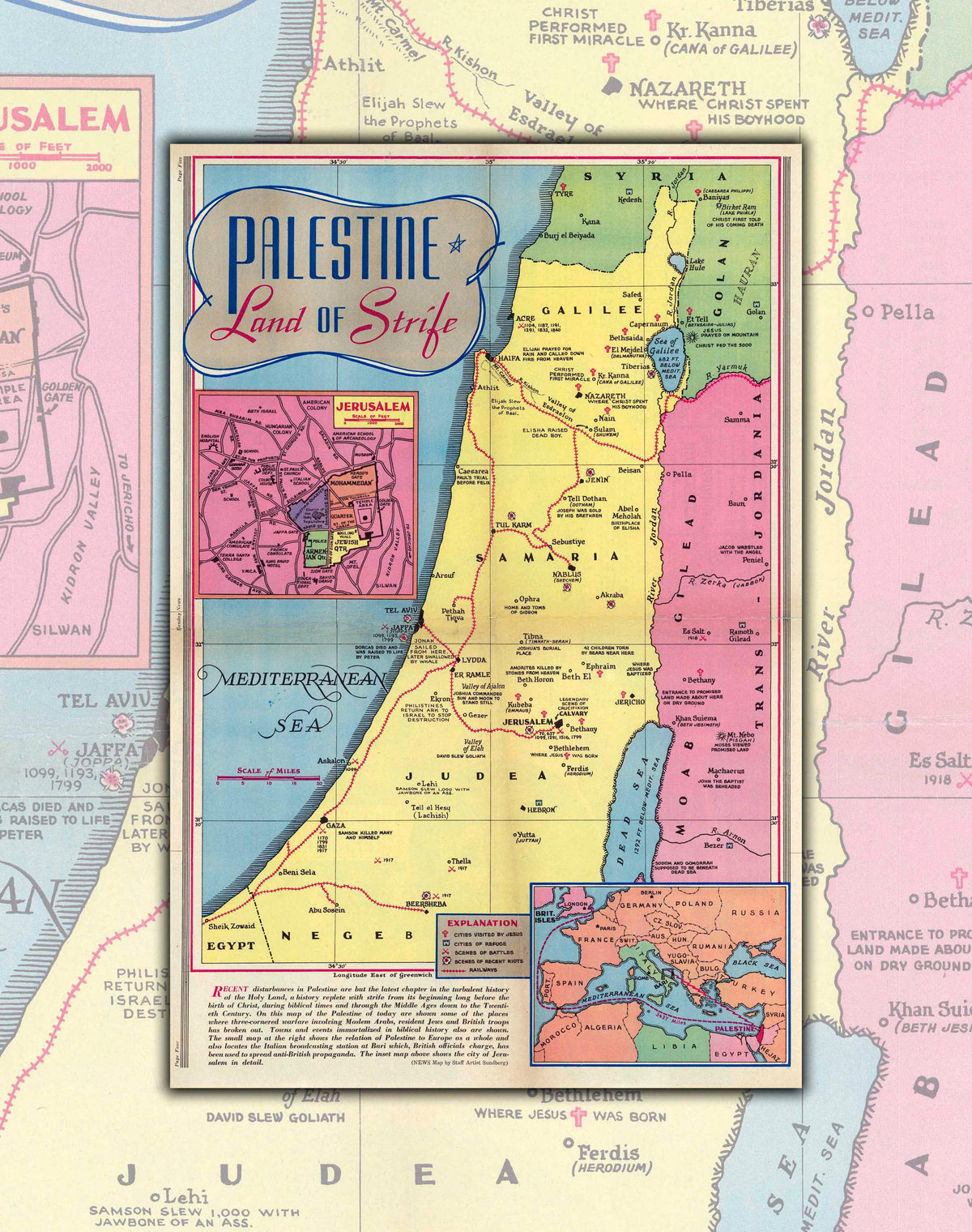 Mapa de Palestina "Tierra de Luchas" de 1936 - Lámina — Mappin